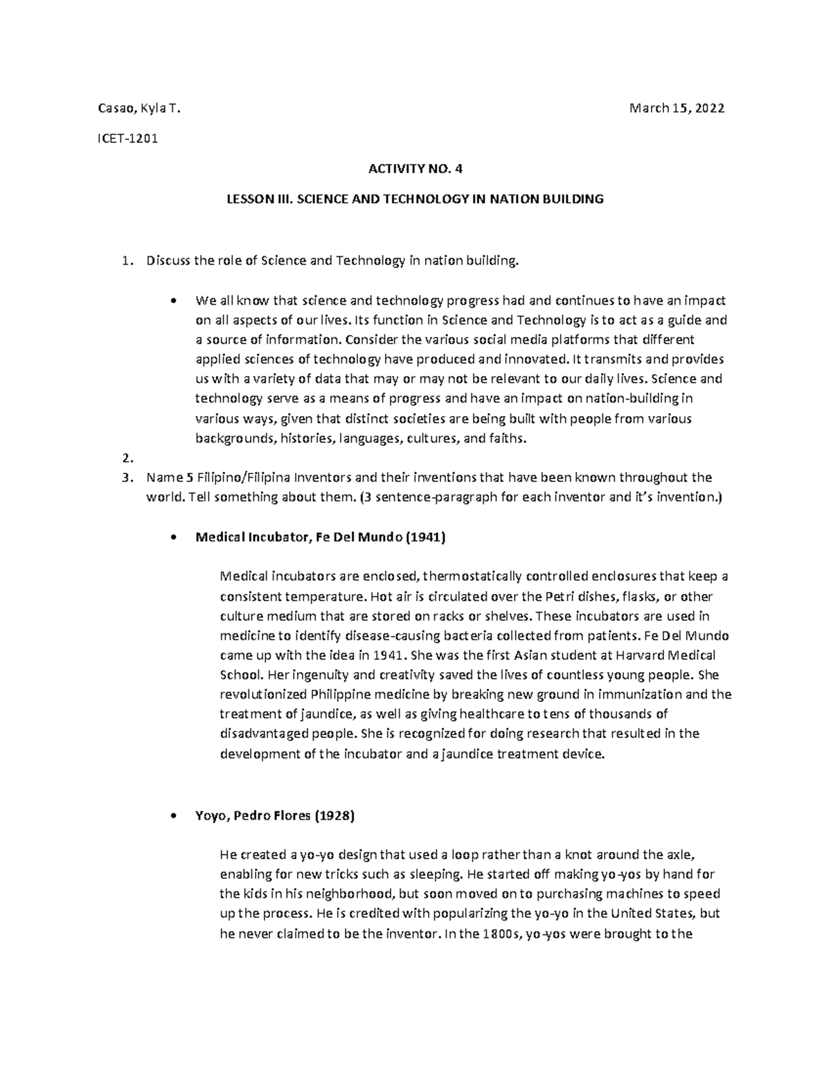 Casao, KYLA - STS Activity #4 - Casao, Kyla T. March 15, 2022 ICET- 1201 ACTIVITY NO. 4 LESSON ...