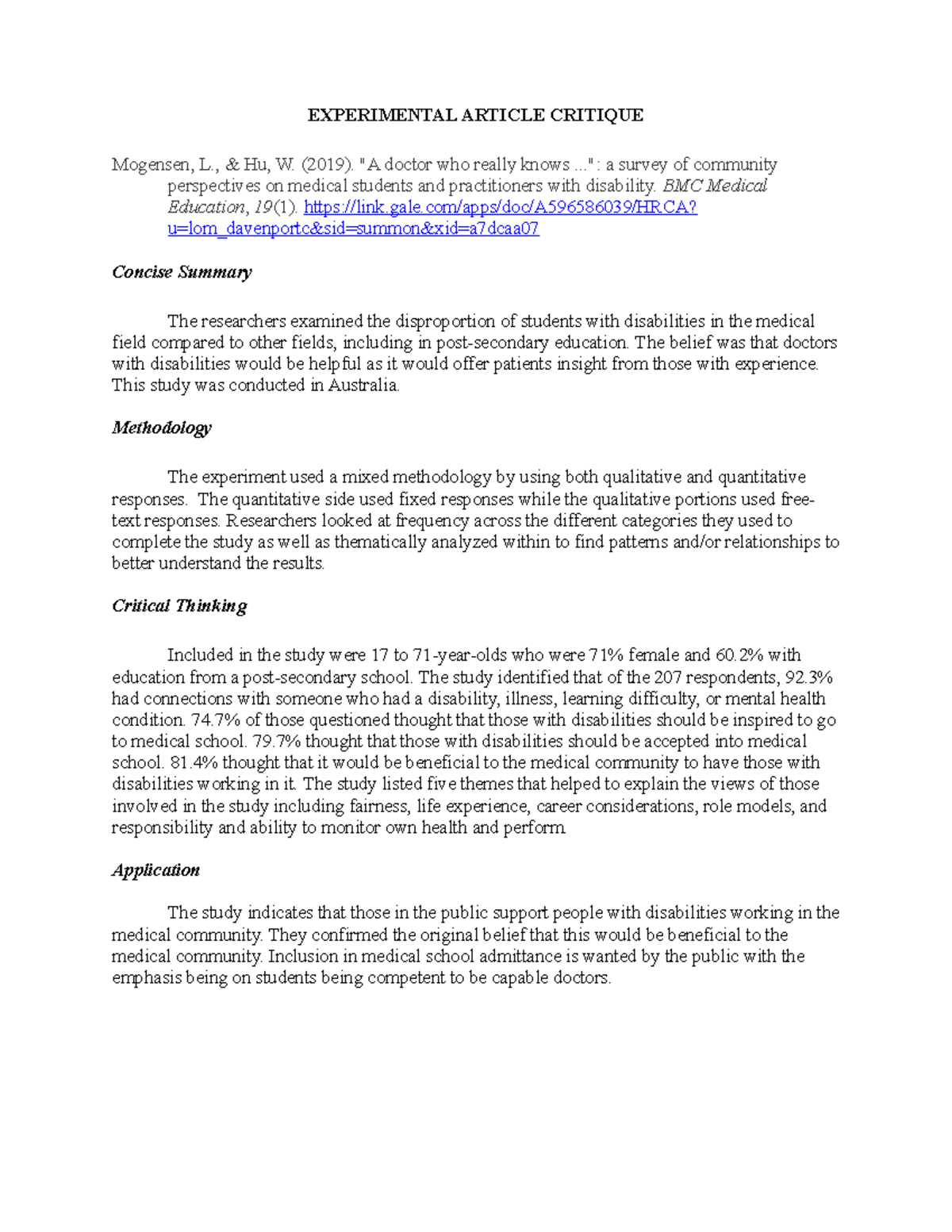 Article Critique 2 - Dr. Smart - EXPERIMENTAL ARTICLE CRITIQUE Mogensen ...