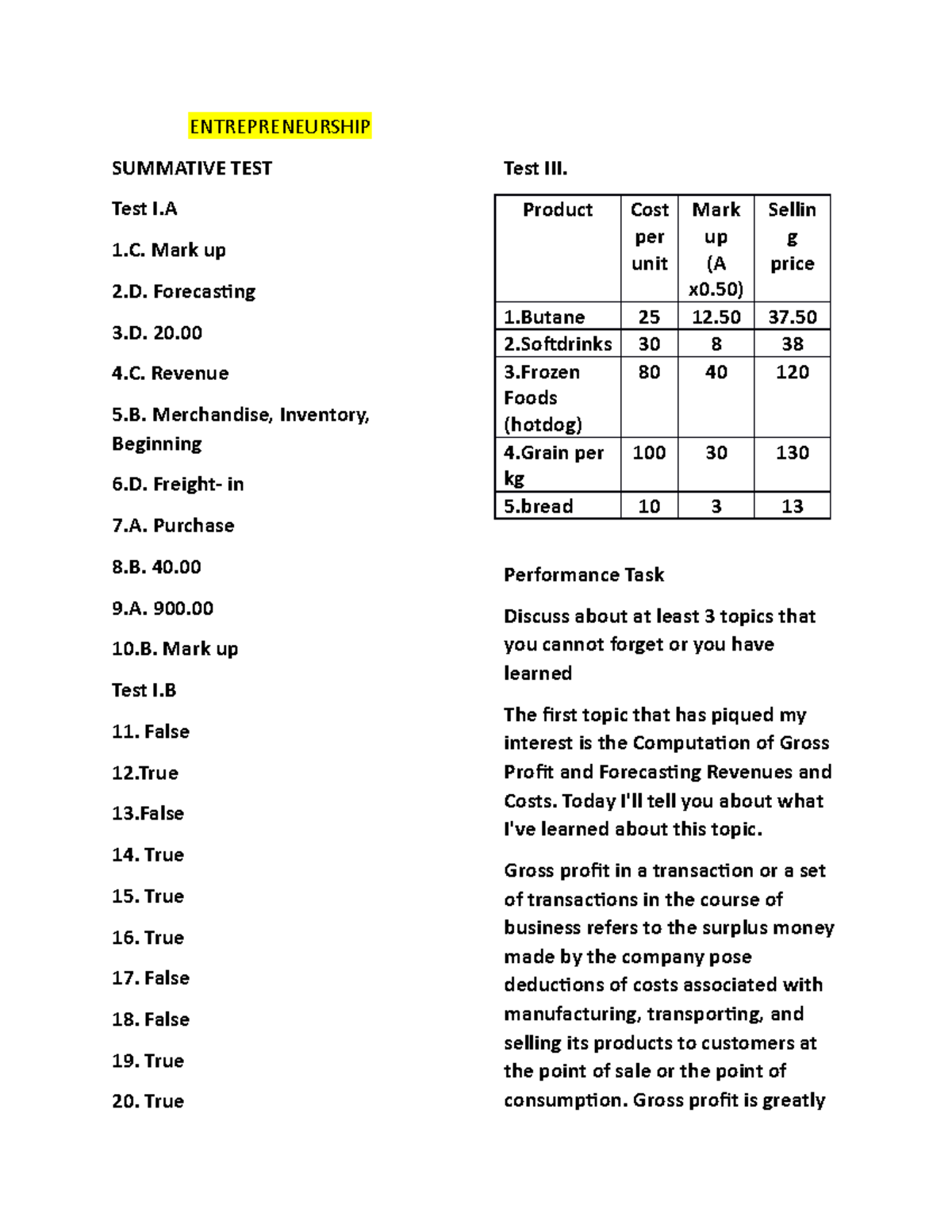 Entrepreneurshi 1notes big help - ENTREPRENEURSHIP SUMMATIVE TEST Test ...