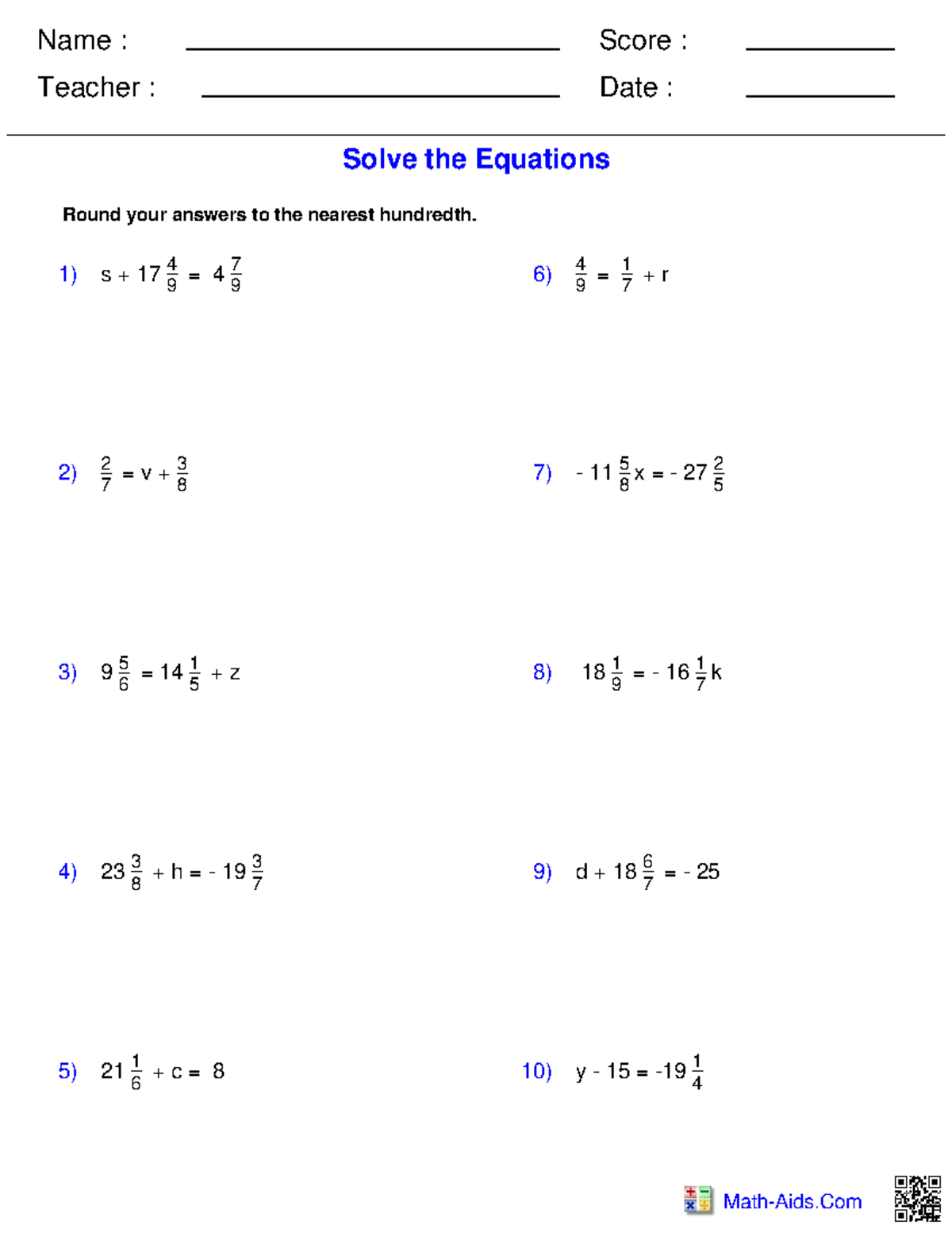 Pre-algebra equations one fractions - Name : Teacher : Date : Score ...
