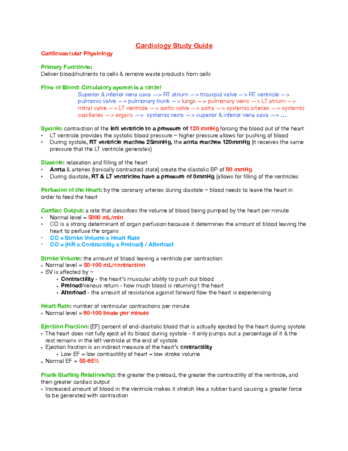 Cardiology Cumulative Exam Review - Cardiology Study Guide Cardiovascular Physiology Primary ...