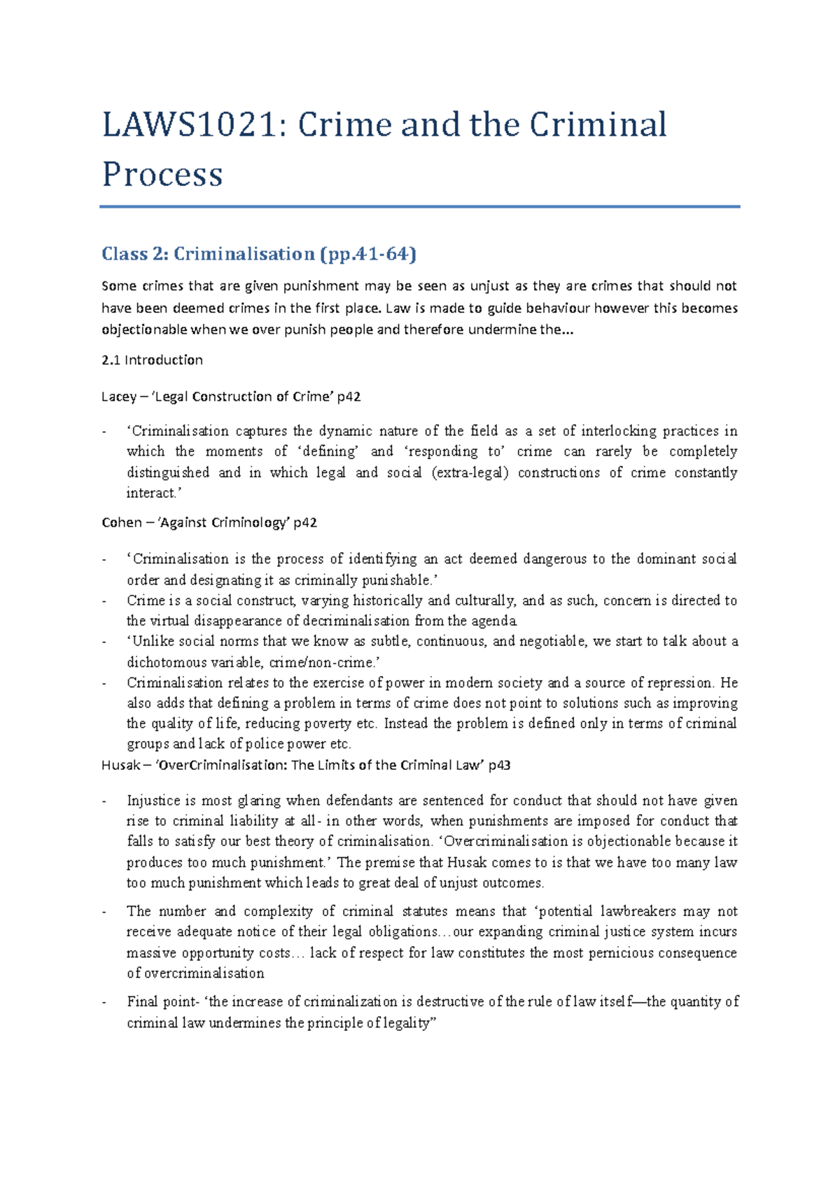 Crim Notes - LAWS1021: Crime and the Criminal Process Class 2 ...