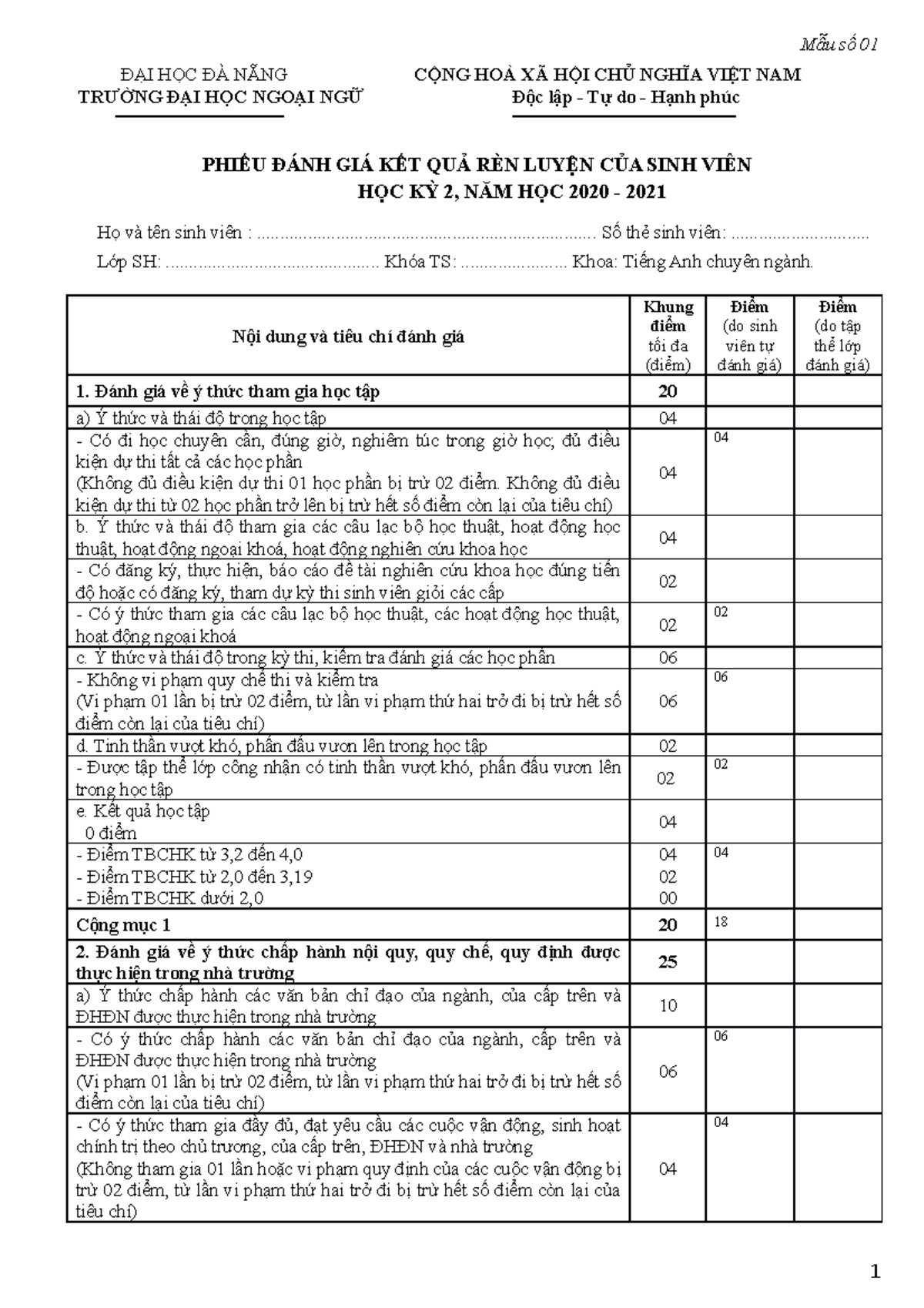 Phieu danh gia ket qua ren luyen ca nhan - Mẫu số 01 ĐẠI HỌC ĐÀ NẴNG CỘNG HOÀ XÃ HỘI CHỦ NGHĨA ...