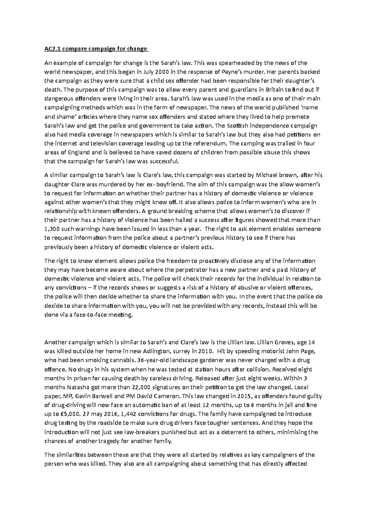 AC2.1 campaign for change - AC2 compare campaign for change An example ...