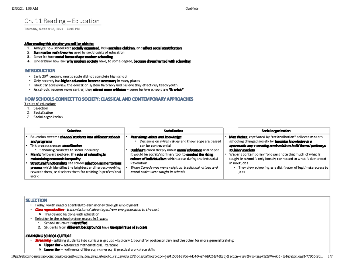Education - Reading summary - Ch. 11 Reading – Education Thursday ...
