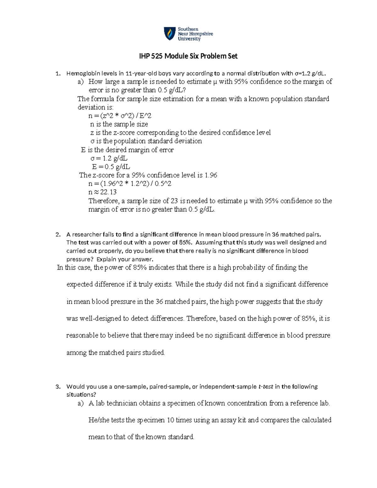 IHP 525 Module Six Problem Set - Hemoglobin levels in 11-year-old boys vary according to a ...