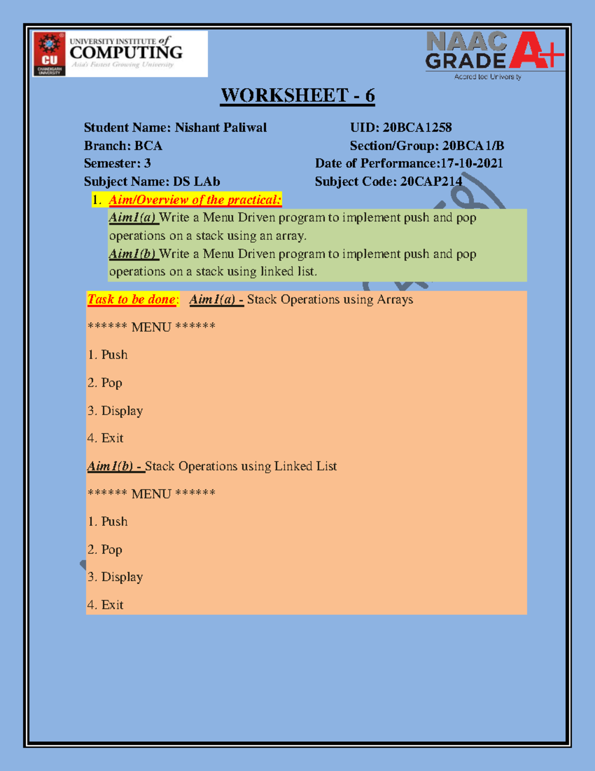 20BCA1258 Nishant Paliwal DS Lab Worksheet 6 - WORKSHEET - 6 Student Name: Nishant Paliwal UID ...