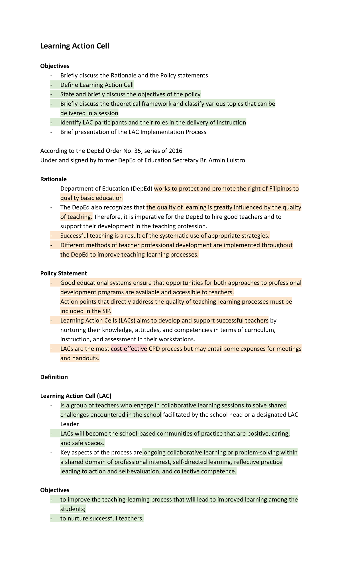 EDUC 3-Reporting Outline - Learning Action Cell Objectives - Briefly ...