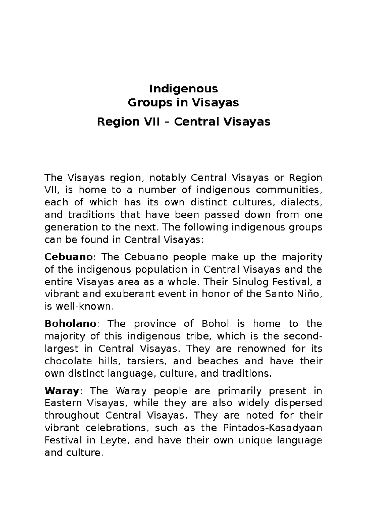 Indigenous Group IN Central Visayas - Indigenous Groups in Visayas Region VII – Central Visayas ...