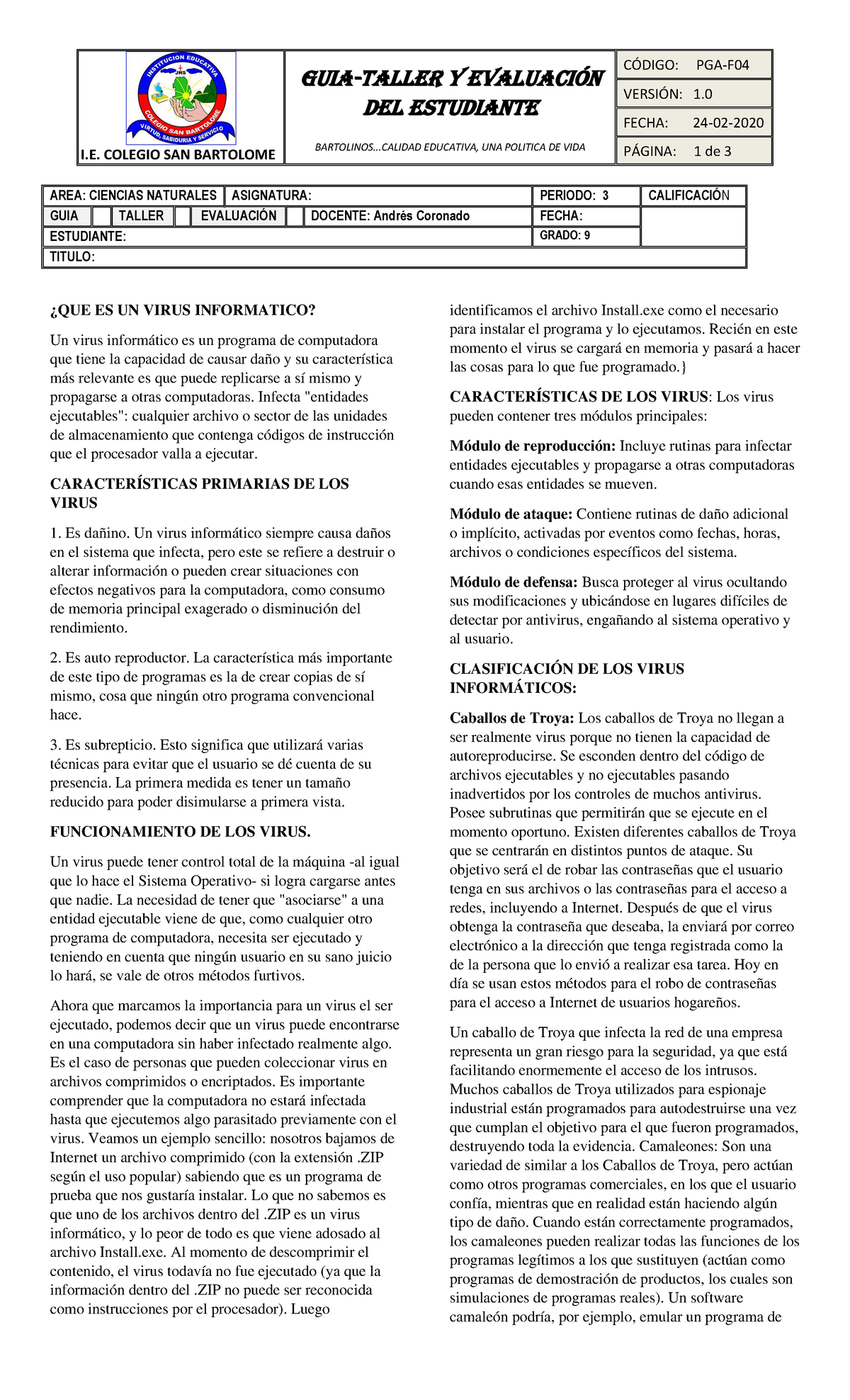 Actividad sobre los virus 9 - I. COLEGIO SAN BARTOLOME GUIA-TALLER Y ...