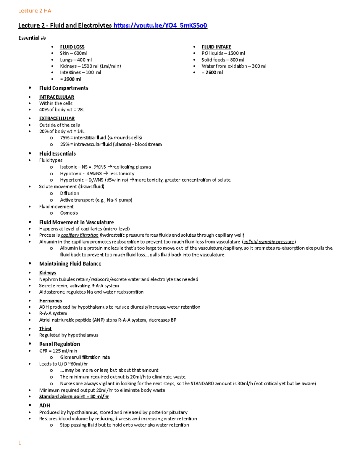 Lecture 2 - Fluid and Electrolytes for high acuity at uoit - Lecture 2 ...