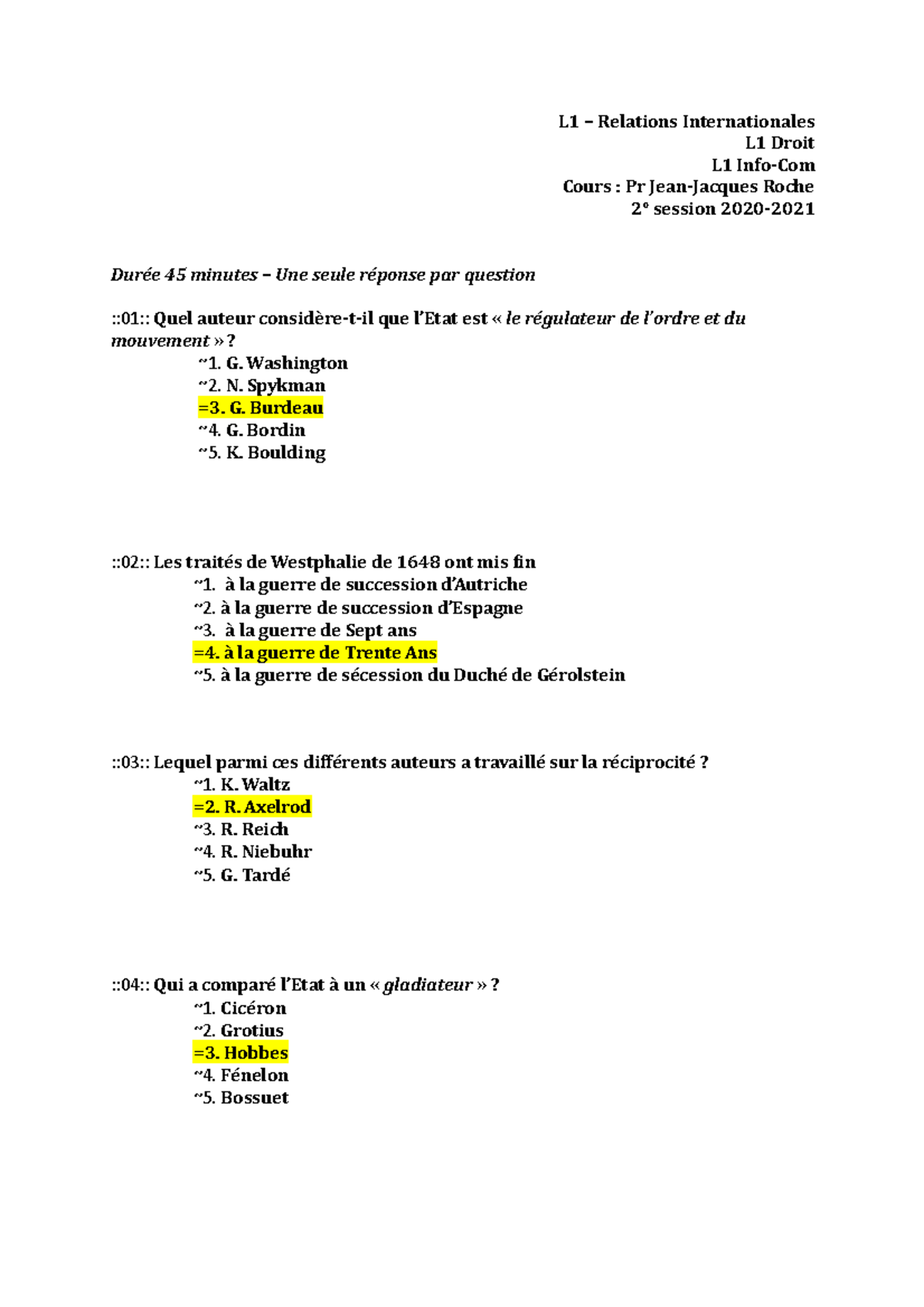 QCM L1 2┬ session 2021 - Annales RI - L1 – Relations Internationales L1 Droit L1 Info-Com Cours ...