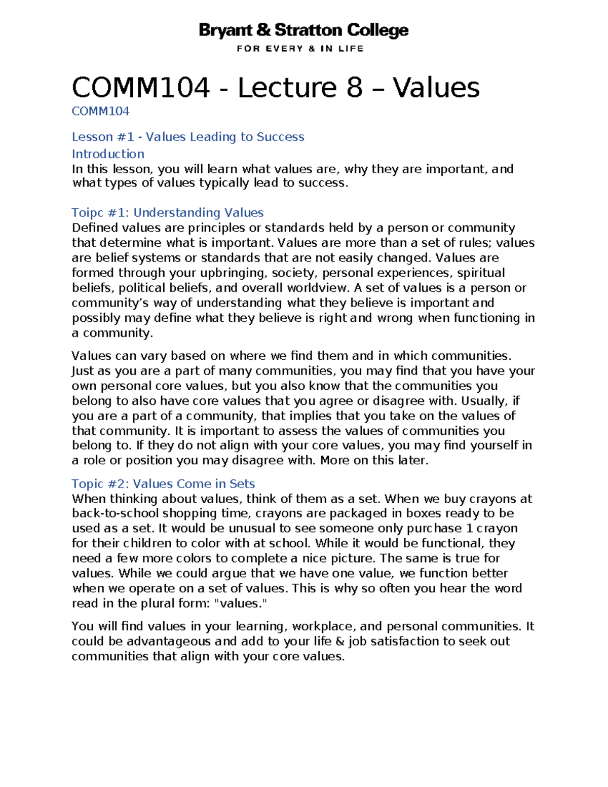 COMM104 Lecture 8 - Values - COMM104 - Lecture 8 – Values COMM Lesson ...