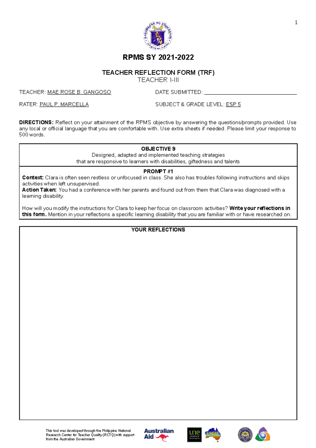 Appendix 4A Teacher Reflection Form for T I III for RPMS SY 2021 2022 ...
