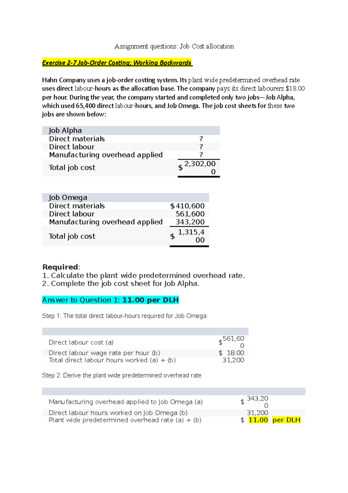 Quiz 3 - job cost allocation Questions and answers - Assignment ...