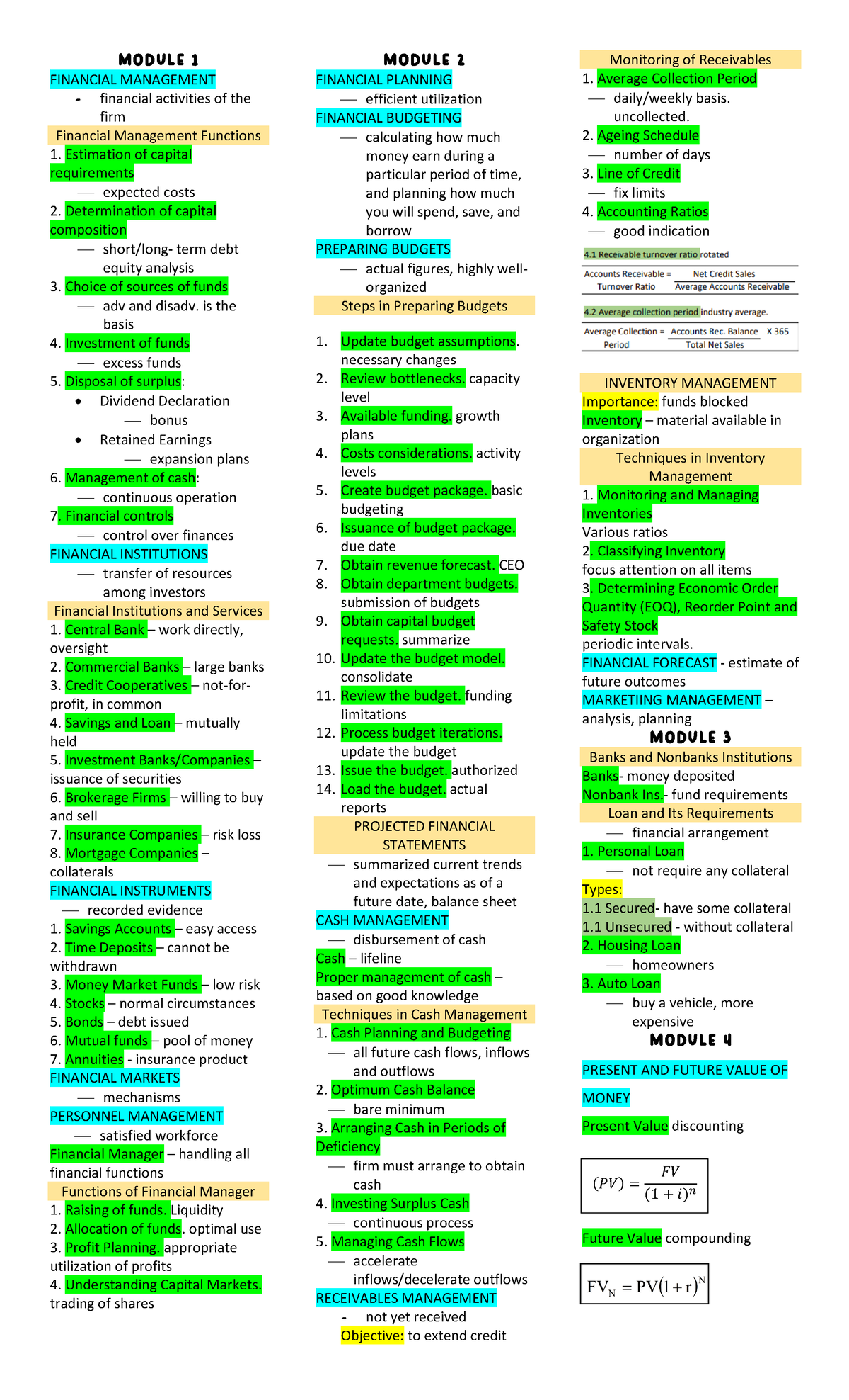 Business Finance notes 1 - (𝑃𝑉) = 𝐹𝑉 (1 + 𝑖)𝑛 MODULE 1 FINANCIAL ...