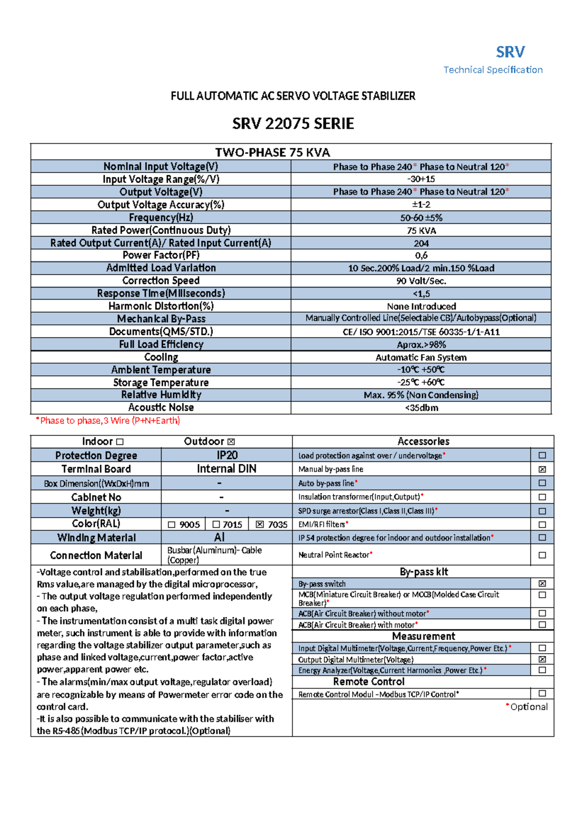 75 KVA 120-240V-30%+15% - SRV Technical Specification FULL AUTOMATIC AC SERVO VOLTAGE STABILIZER ...