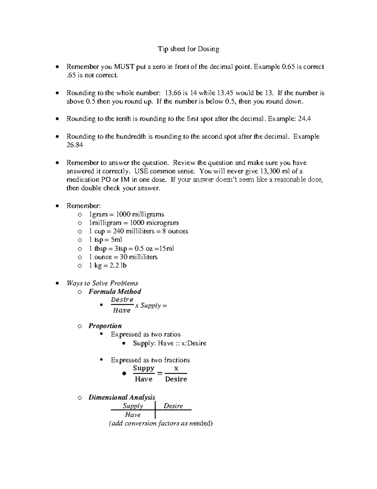 Tip sheet for Dosing for Students - Tip sheet for Dosing Remember you ...