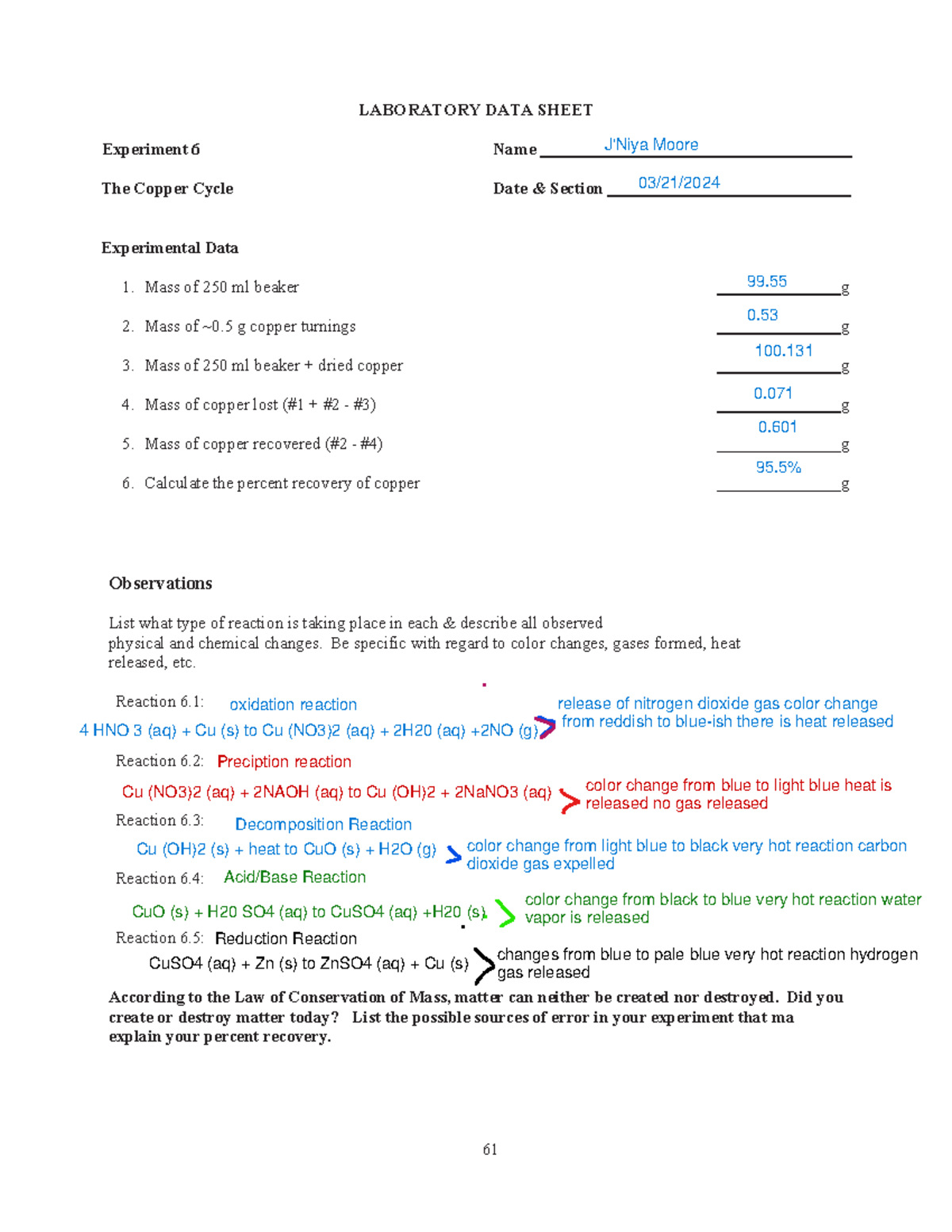 Data Sheet - Experiment 6 - 61 LABORATORY DATA SHEET Experiment 6 Name The Copper Cycle Date ...
