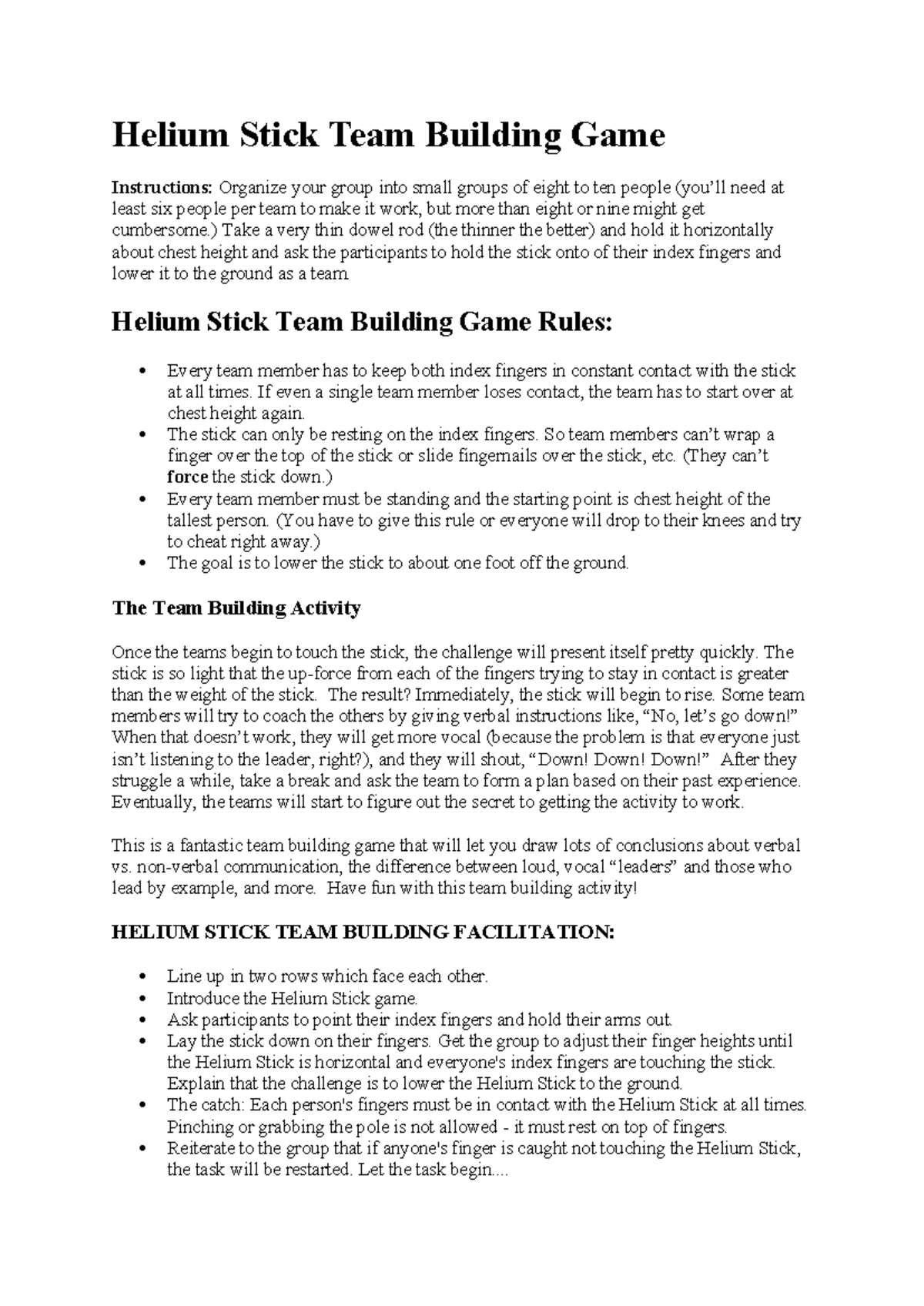 Helium Stick Exercise Brief - Helium Stick Team Building Game ...