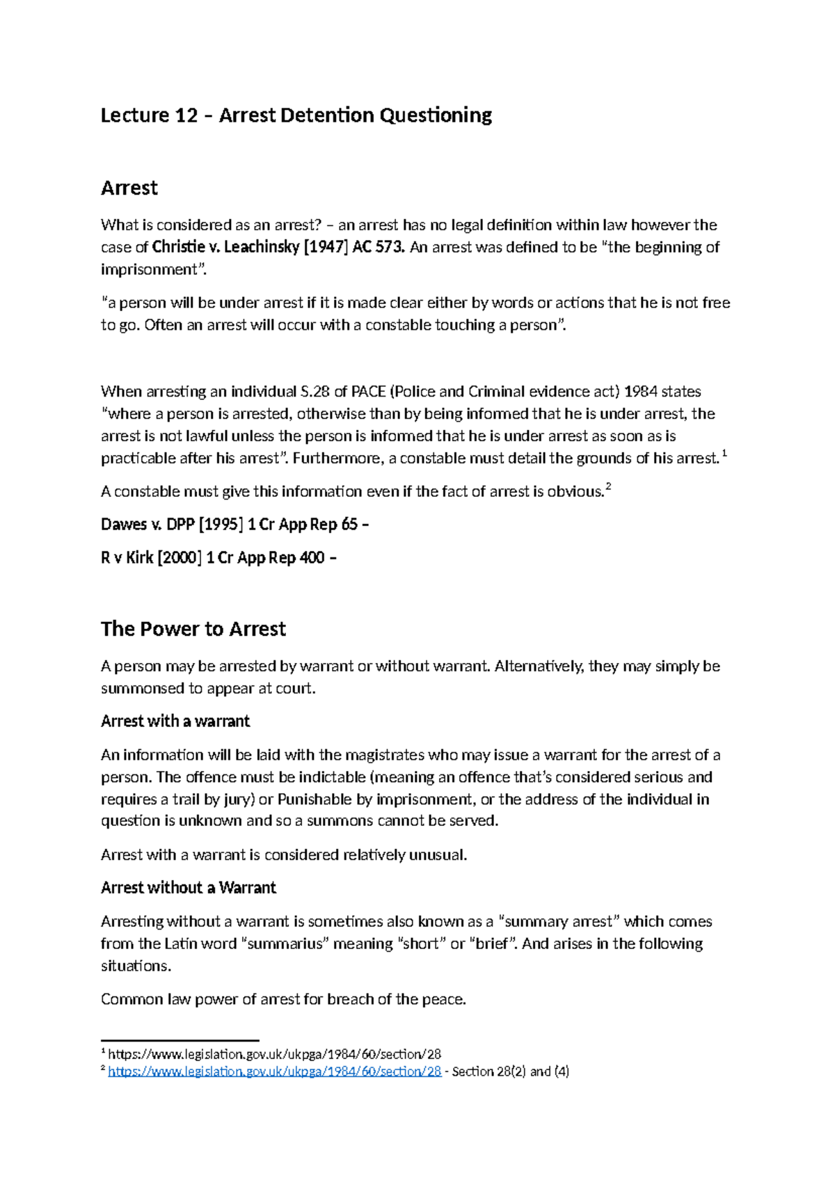 Lecture 12 - Arrest, detention and questioning - Lecture 12 – Arrest ...