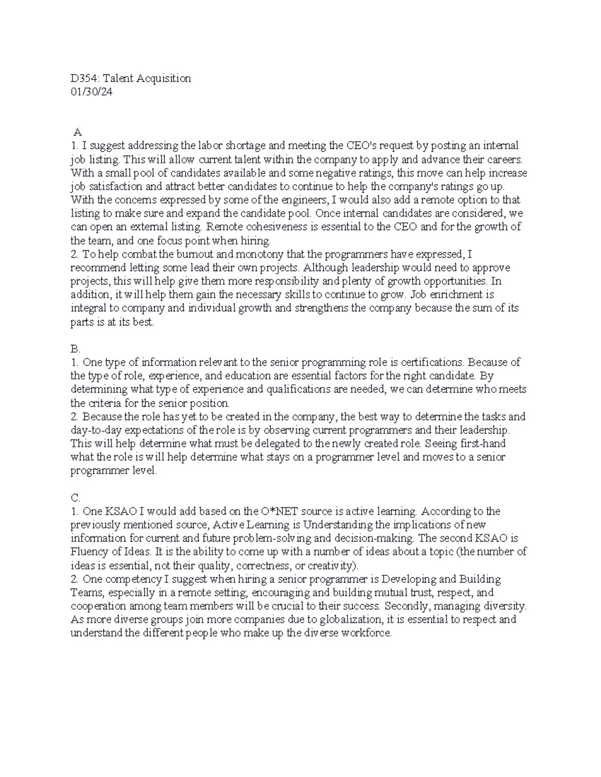 D354 Talent Aquisition - D354: Talent Acquisition 01/30/ A I suggest ...