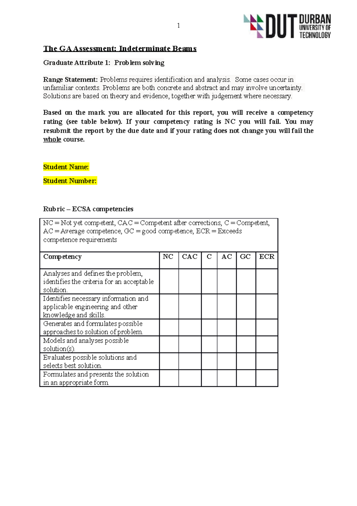 GA Assessment Task and Template - The GA Assessment: Indeterminate Beams Graduate Attribute 1 ...