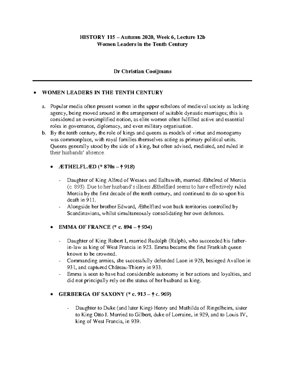 Hist 115 Lecture 12b outline - HISTORY 115 – Autumn 2020, Week 6 , Lecture 12 b Women Leaders in ...