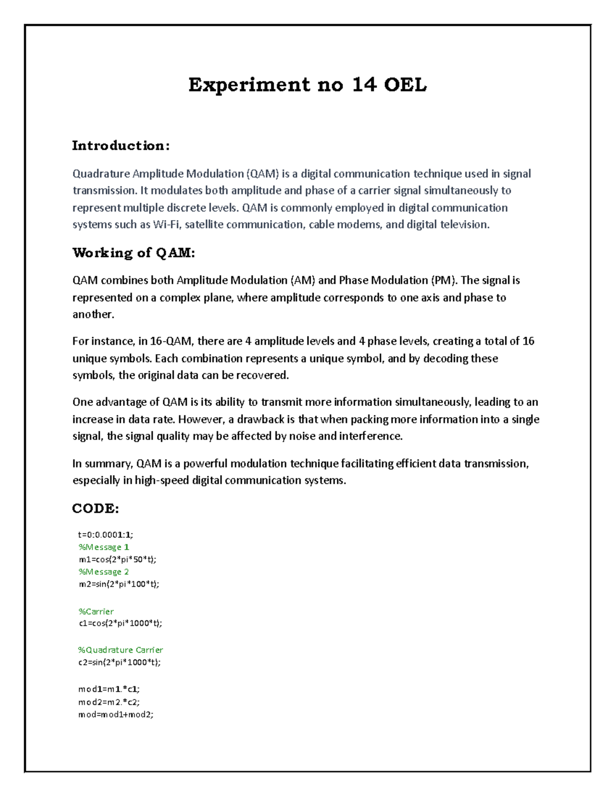 Experiment no 14 oel - qudrature amplitude modulation in matlab and ...