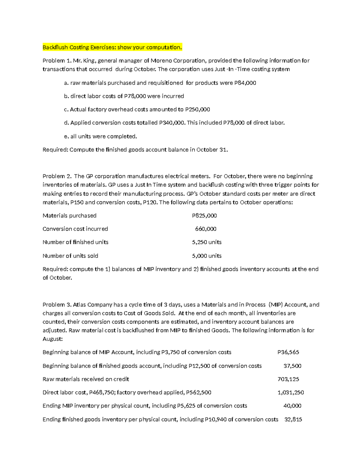 Backflush-Costing-Exercises - Backflush Costing Exercises: show your ...