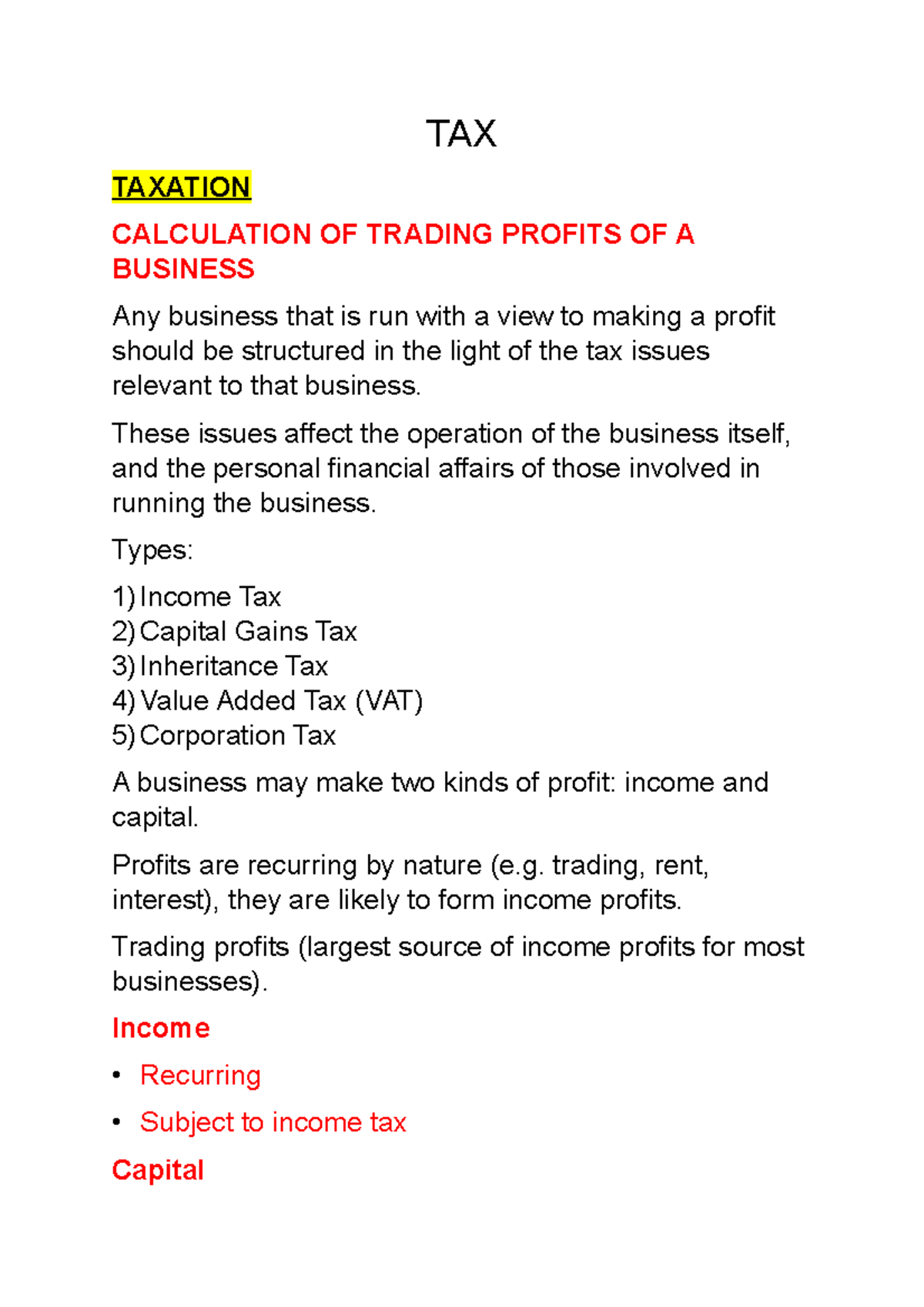TAX - TAX TAXATION CALCULATION OF TRADING PROFITS OF A BUSINESS Any ...