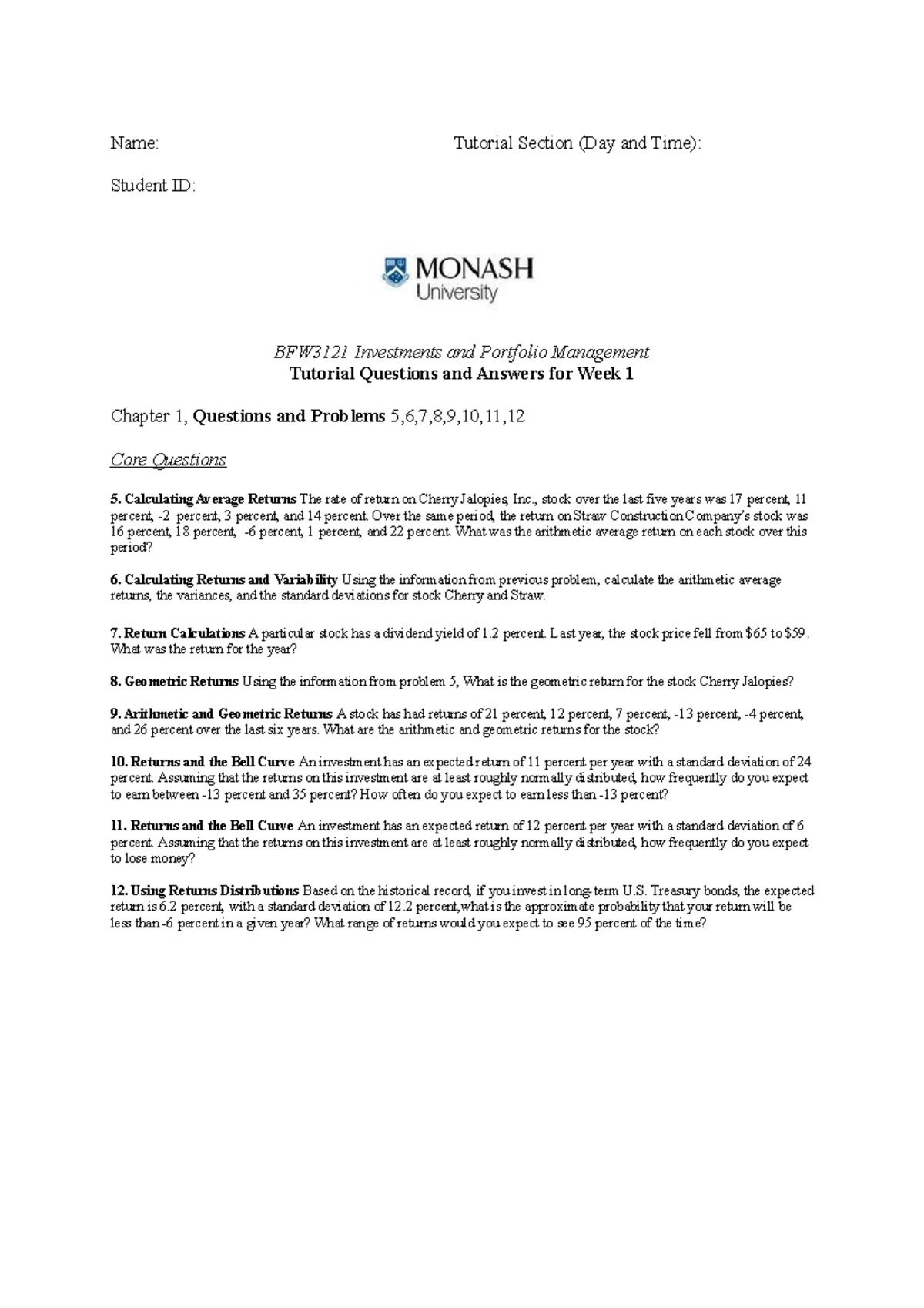 BFW3121 Tutorial Answers for Week 1 Moodle - Name: Tutorial Section ...