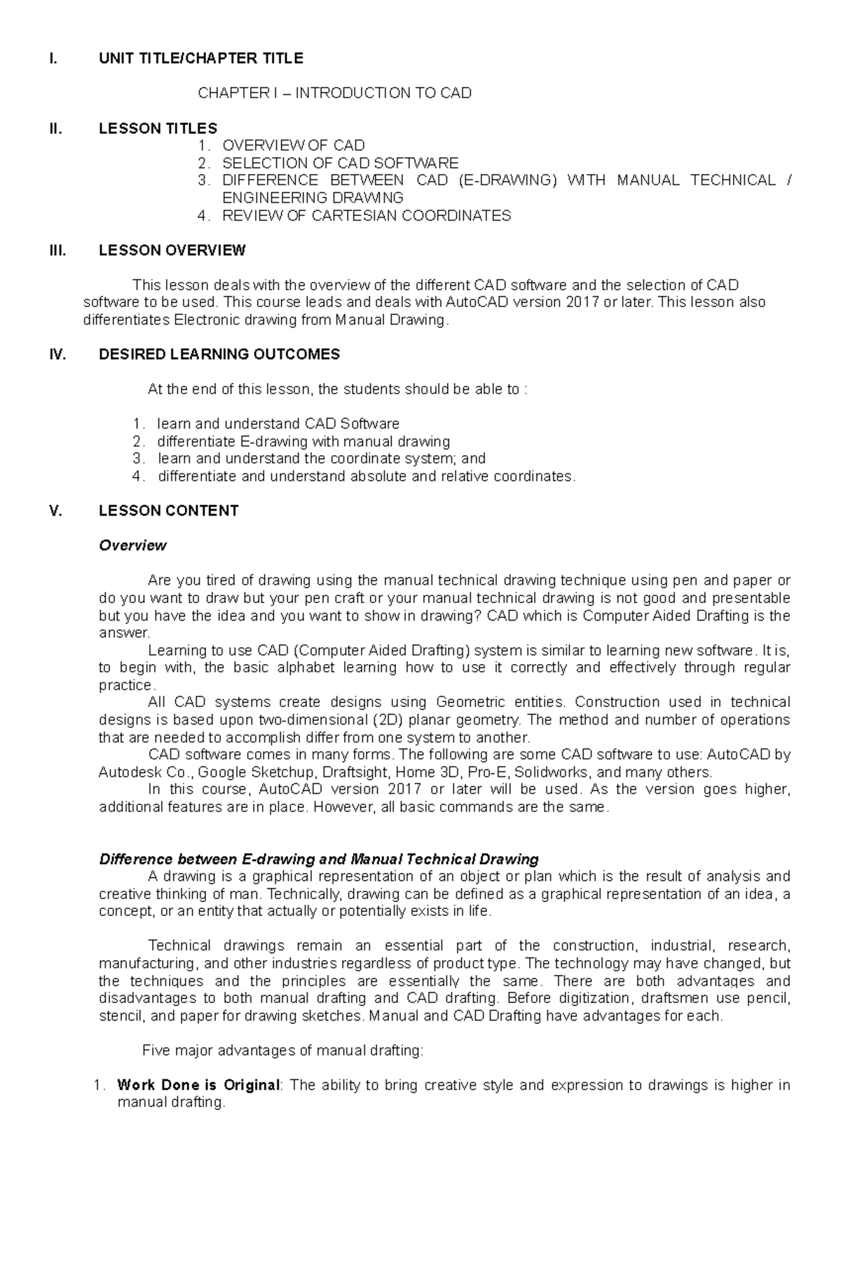 IM 1 CAD ECE - Computed Aid Design - I. UNIT TITLE/CHAPTER TITLE ...