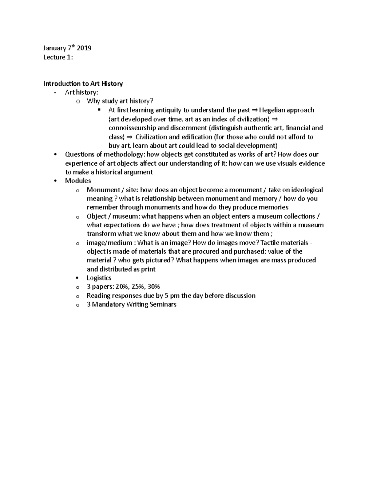 Lecture 1, Introduction to Art History - January 7th 2019 Lecture 1 ...