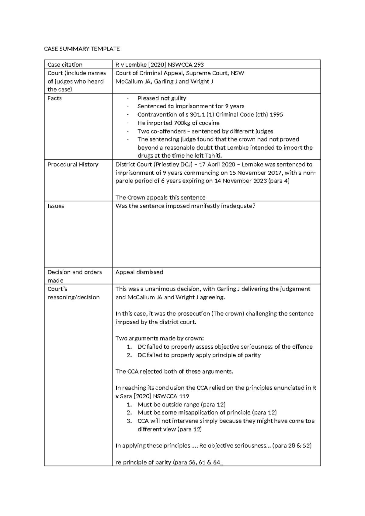 R v lembke summary - CASE SUMMARY TEMPLATE Case citation R v Lembke ...