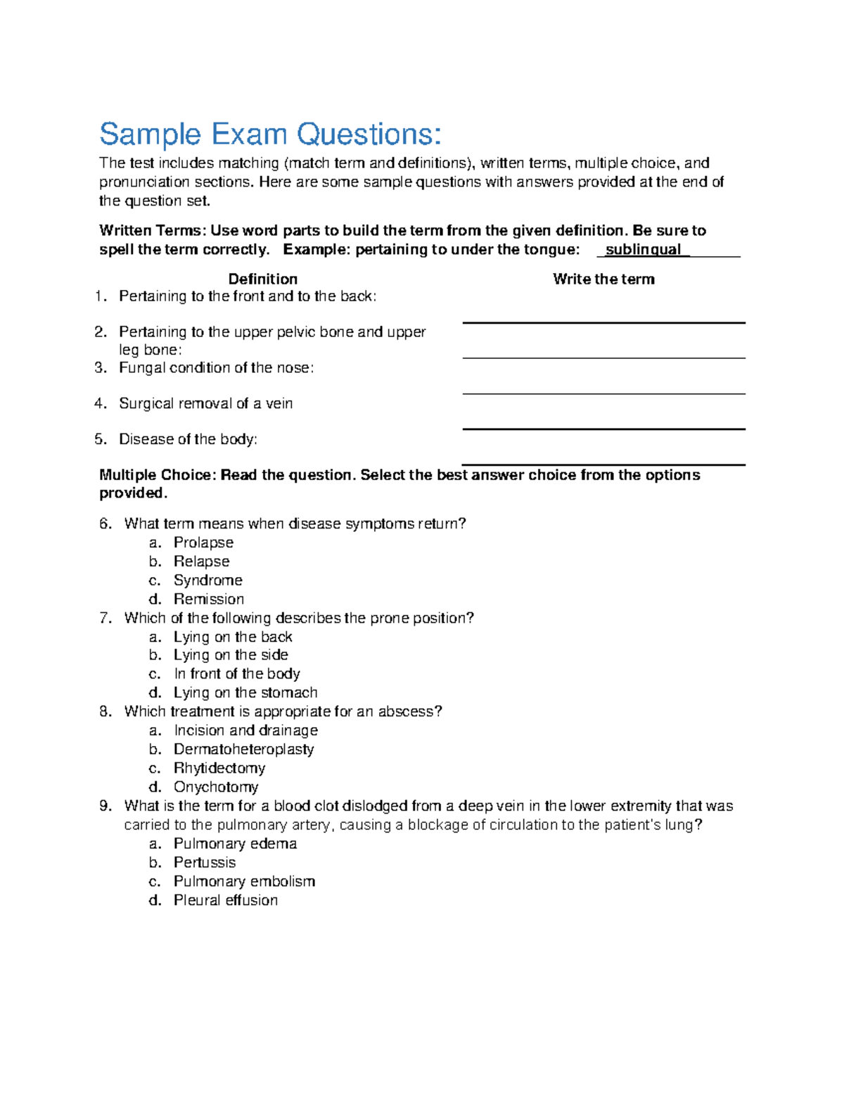Medical Terminology Sample Exam Questions - Sample Exam Questions: The ...