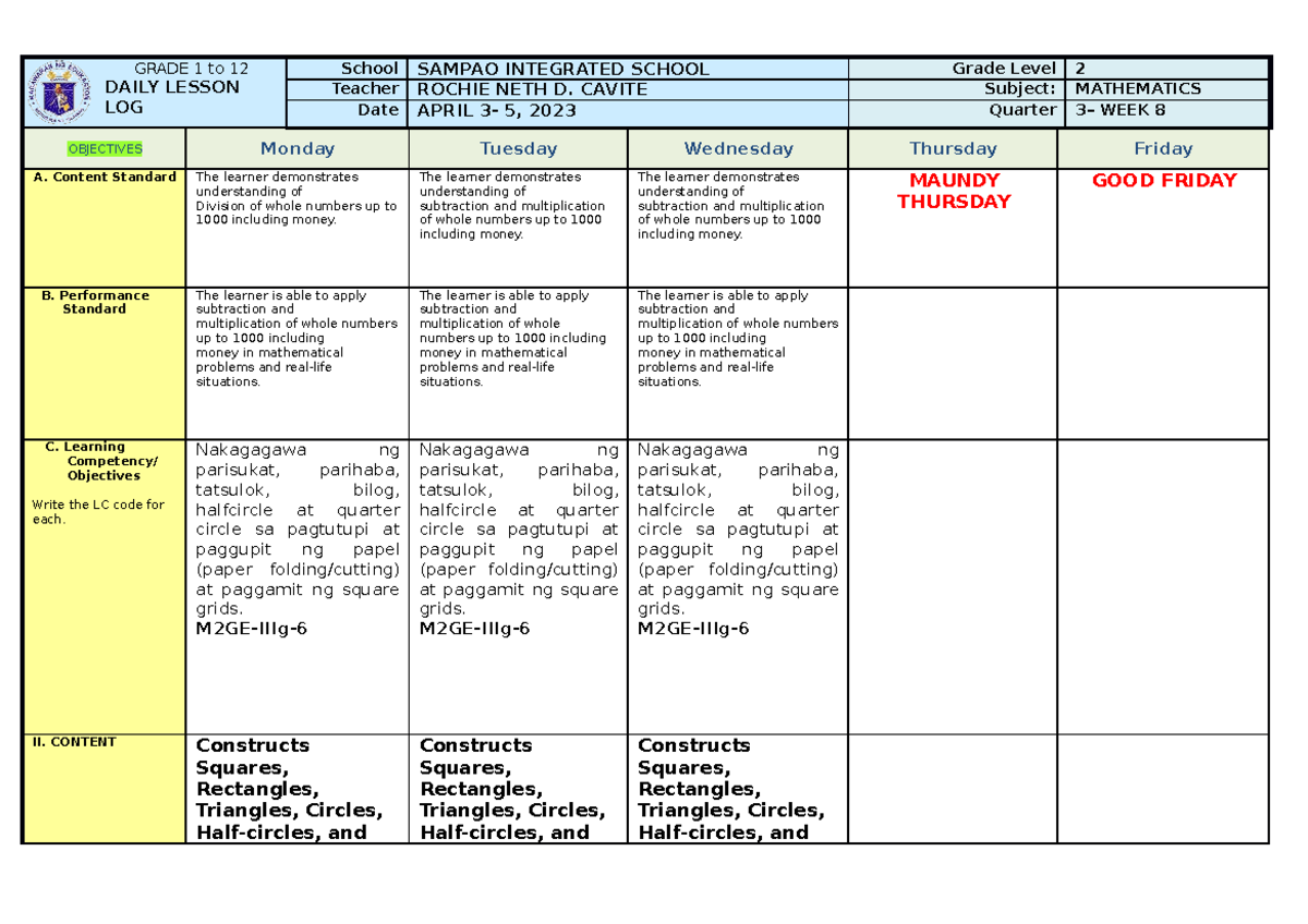 WEEK8 dll MATH 1 - reviewer - GRADE 1 to 12 DAILY LESSON LOG School ...