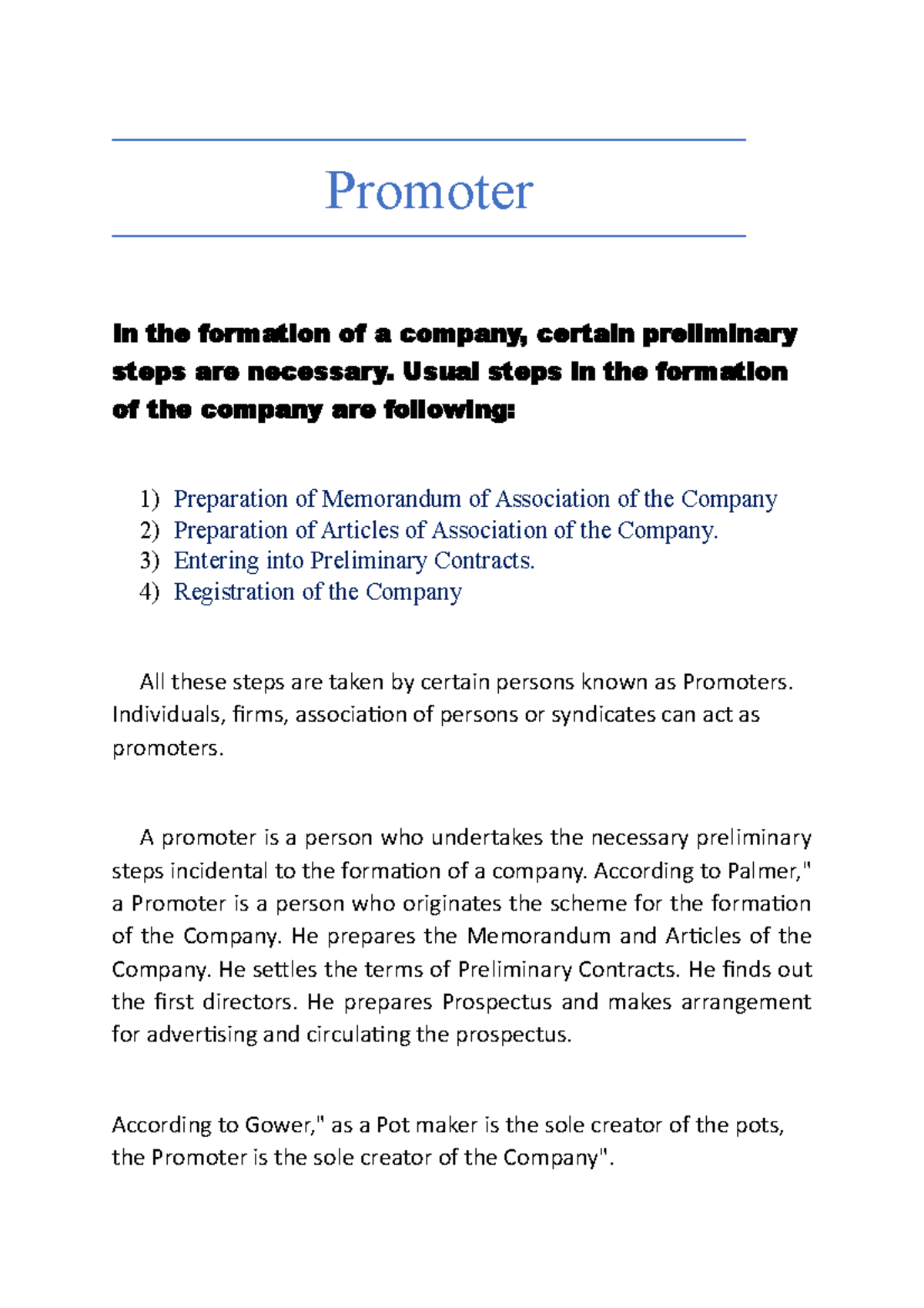 Promoter - The formation of the company - Promoter In the formation of ...