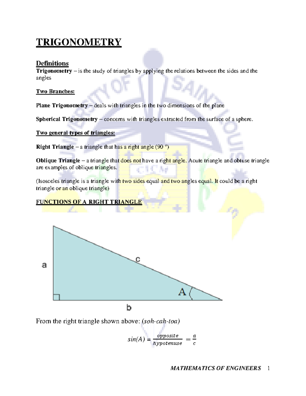 Trigonemetry AND Sines LAW, Cosine LAW -MOE - TRIGONOMETRY Definitions ...