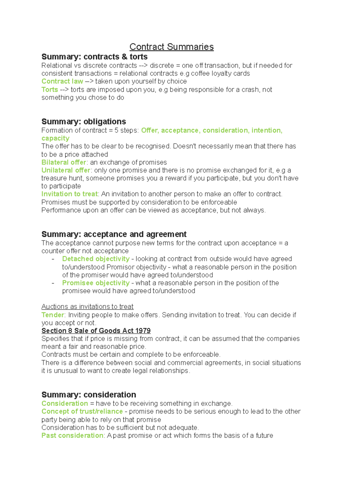 Contract Summaries - Contract Summaries Summary: contracts & torts ...
