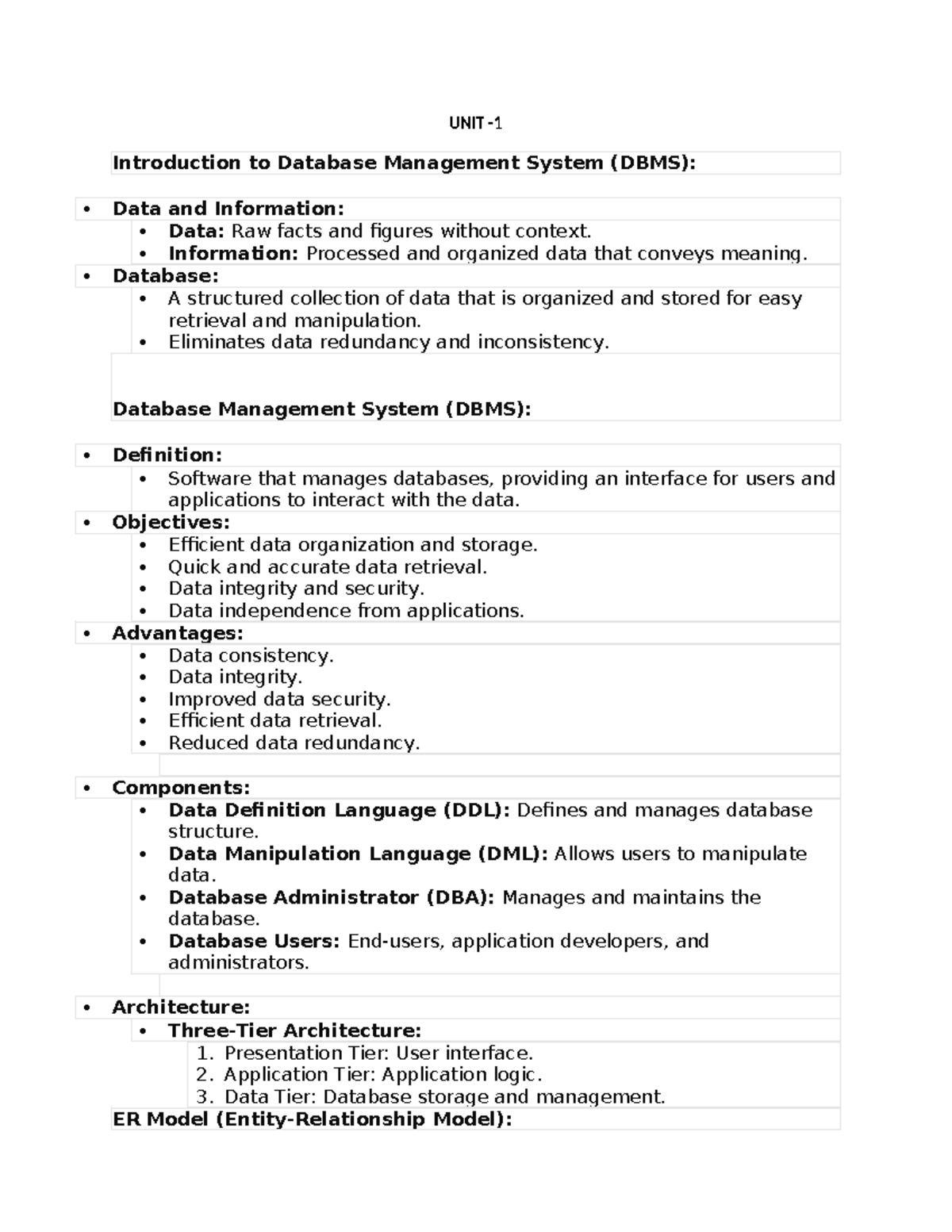Rdbms UNIT 1 - UNIT - Introduction to Database Management System (DBMS ...