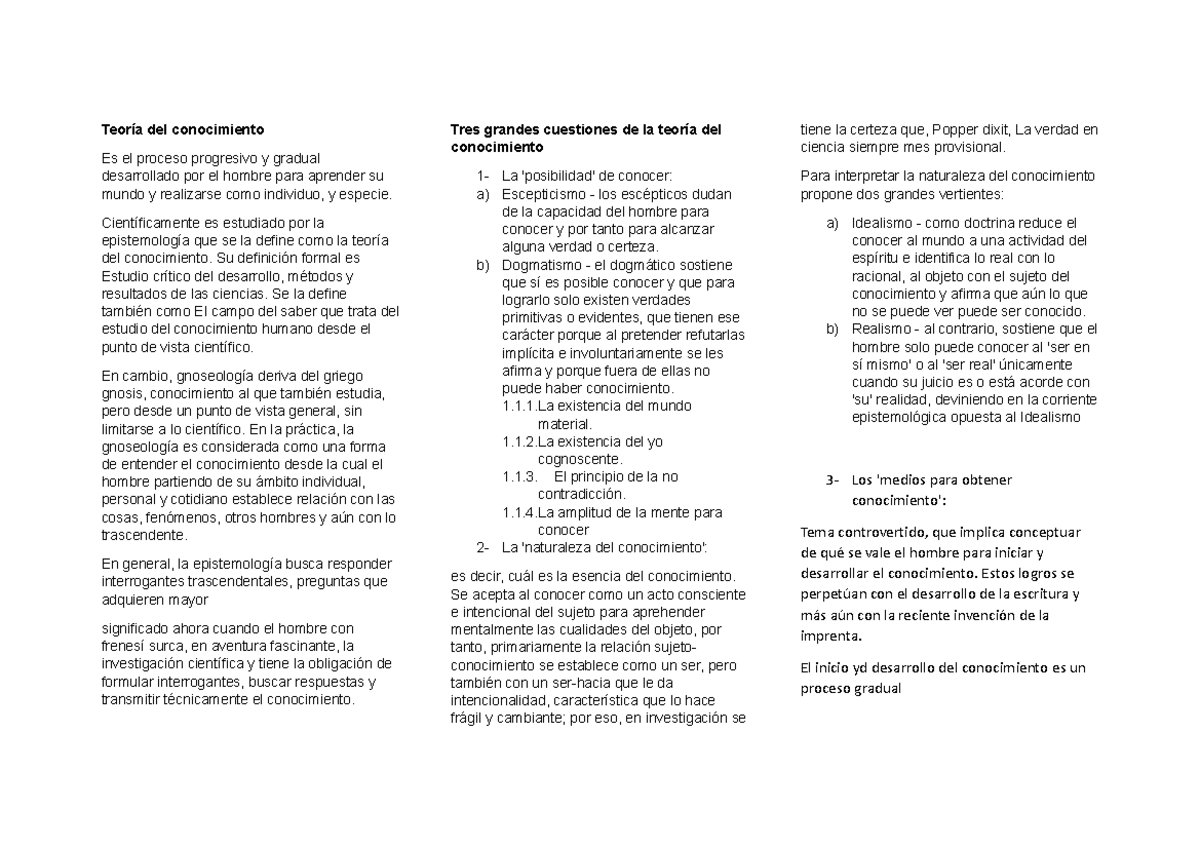 Teoría del conocimiento - Teoría del conocimiento Es el proceso ...