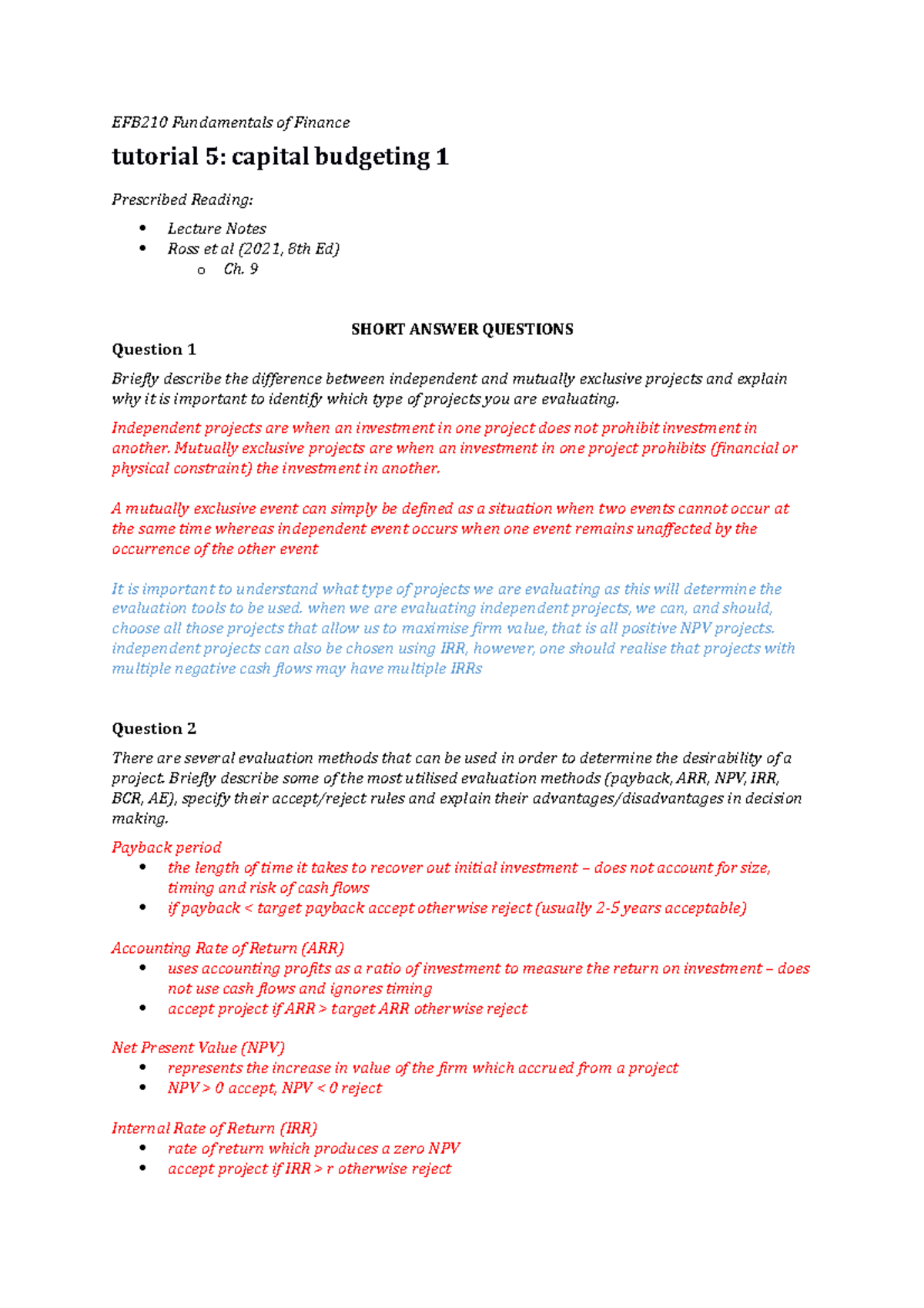 T5 capital budgeting 1 - 9 SHORT ANSWER QUESTIONS Question 1 Briefly ...