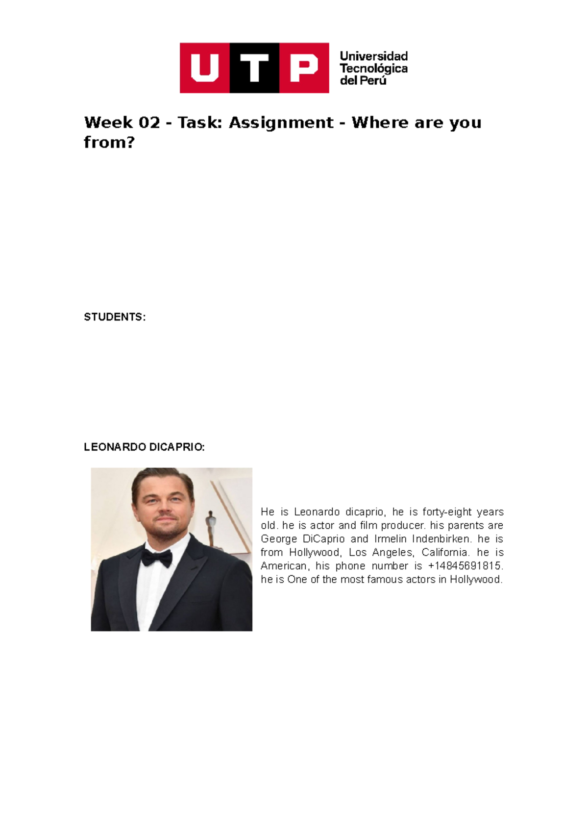 Week 02 - Leonardo Martinez - ingles, tarea - Week 02 - Task: Assignment - Where are you from ...