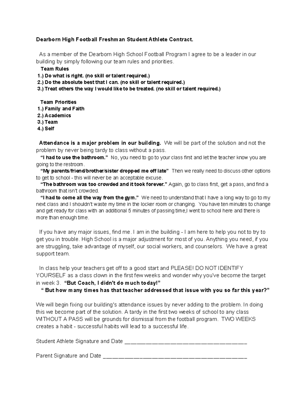 Dearborn High Football Freshman Student Athlete Contract - As a member ...