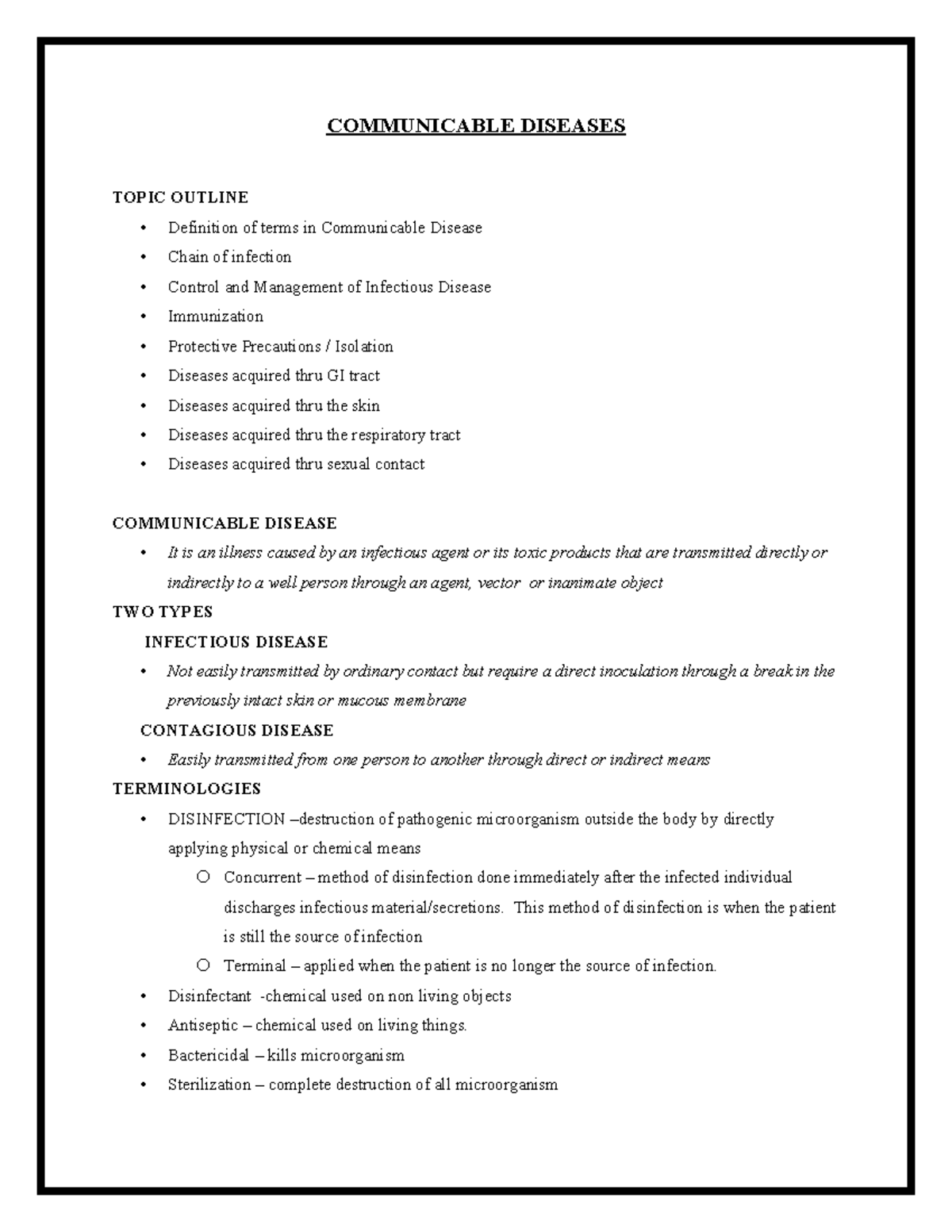 Communicable-Diseases Notes Final - COMMUNICABLE DISEASES TOPIC OUTLINE ...