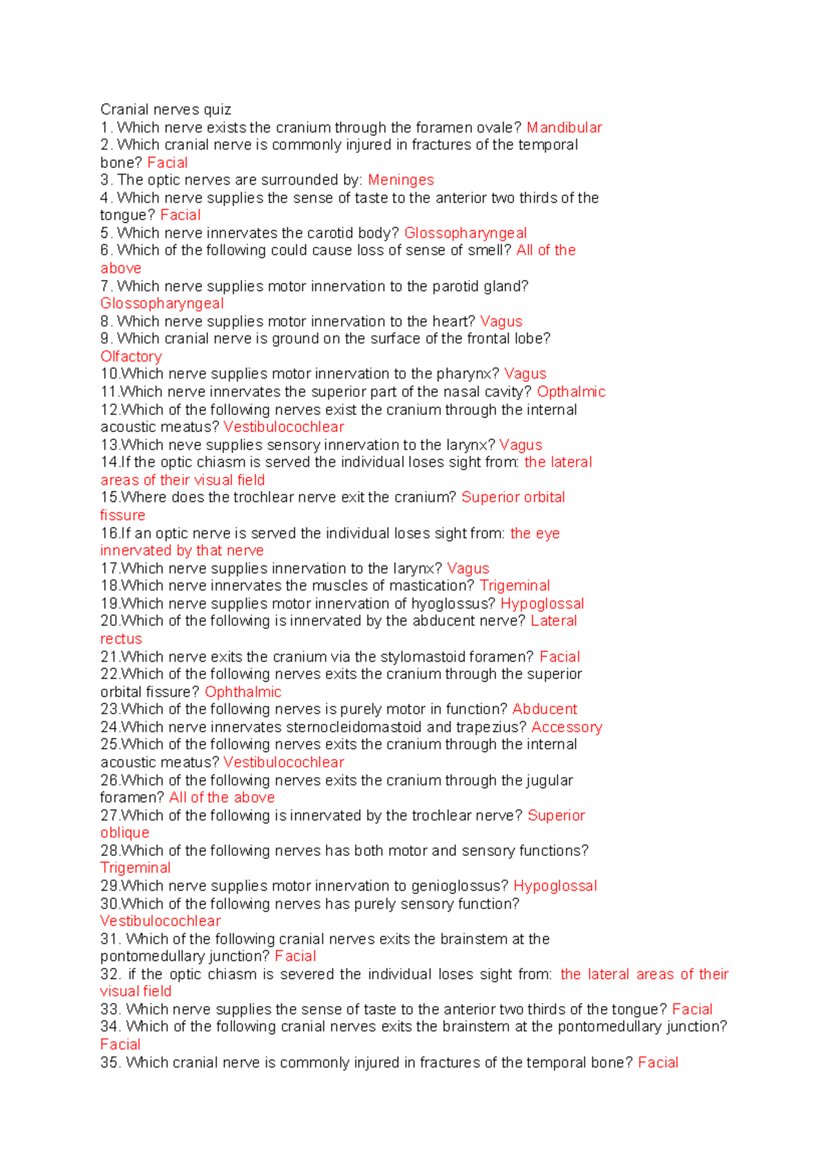 Cranial nerves quiz - Cranial nerves quiz Which nerve exists the ...