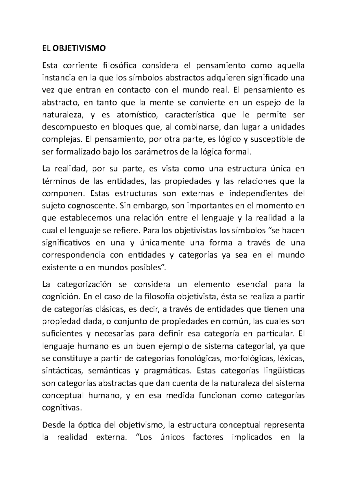 El objetivismo - Apuntes 2 - EL OBJETIVISMO Esta corriente filosófica ...