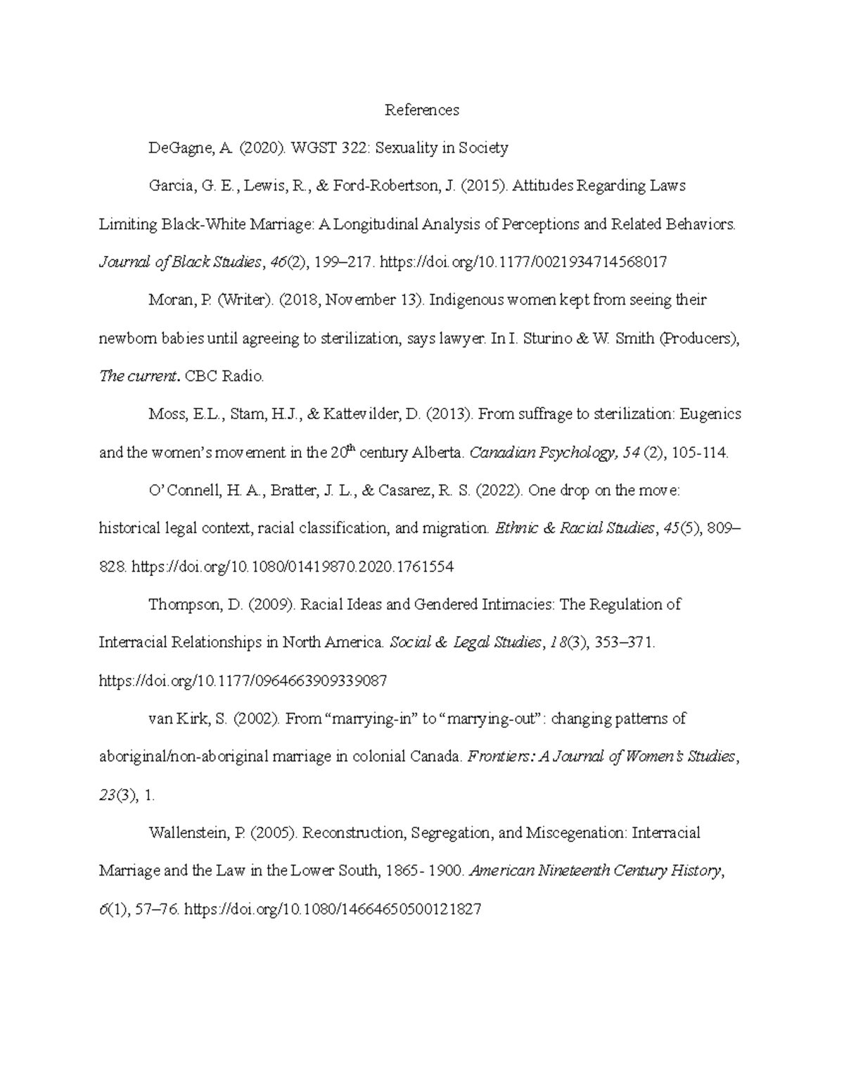 WGST 322 References - References DeGagne, A. (2020). WGST 322 ...