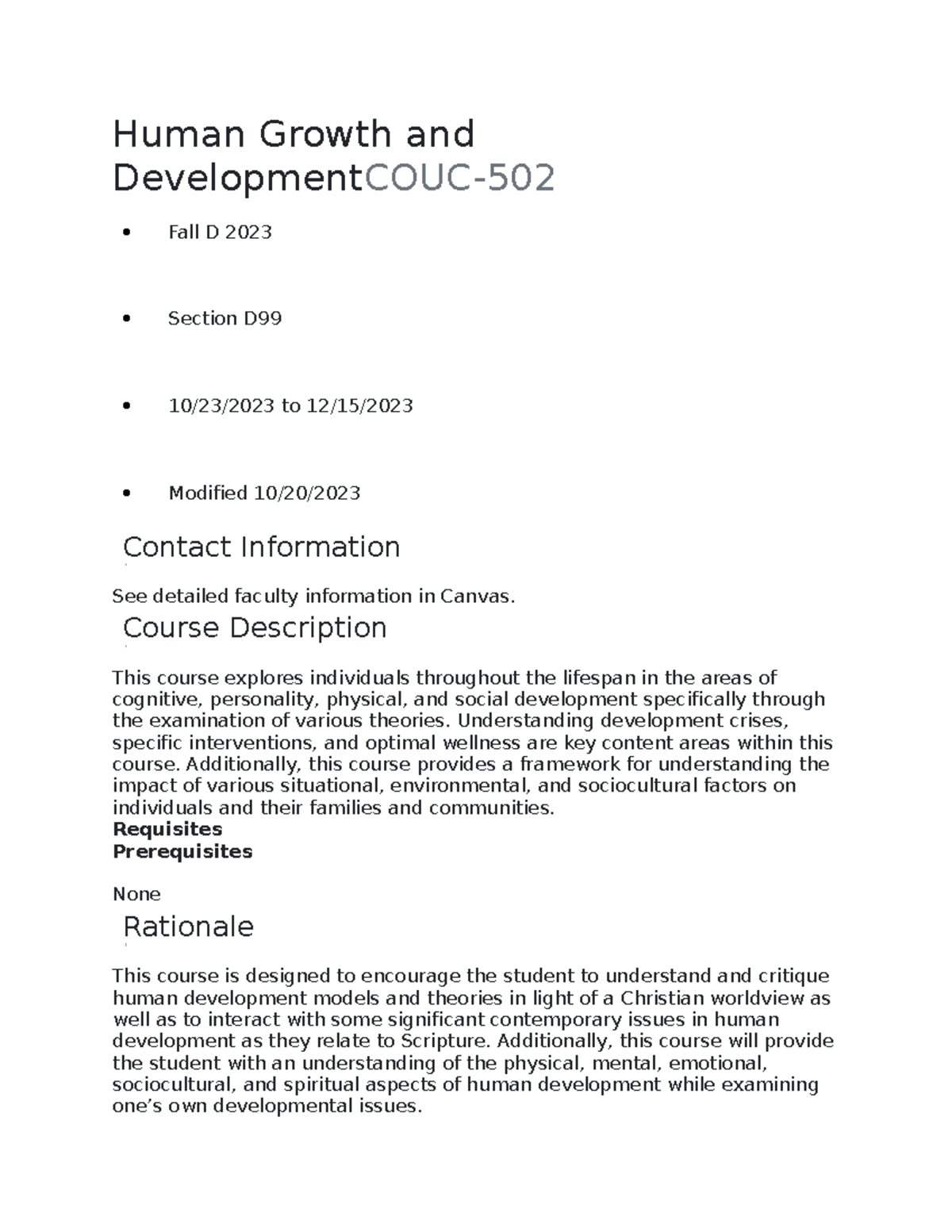 Human Growth and Development COUC sylabus - Human Growth and ...